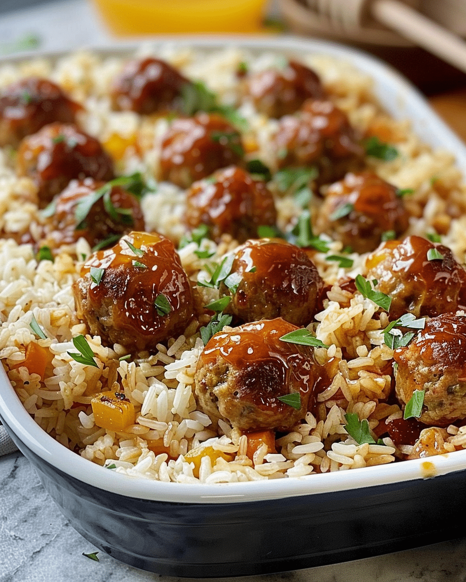 Honey Garlic Meatball Rice Bake - Julia Meals